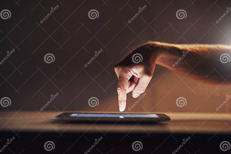 Person, Tablet and Hand Press on Screen for Online Project, Wireframe ...