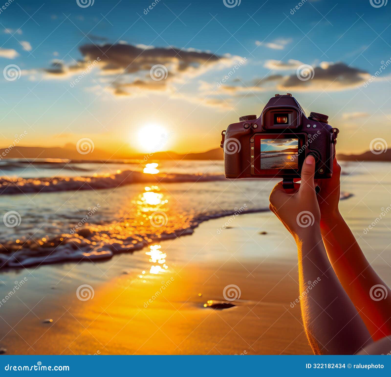 A Person Taking a Photo of a Sunset with a Camera Stock Illustration ...