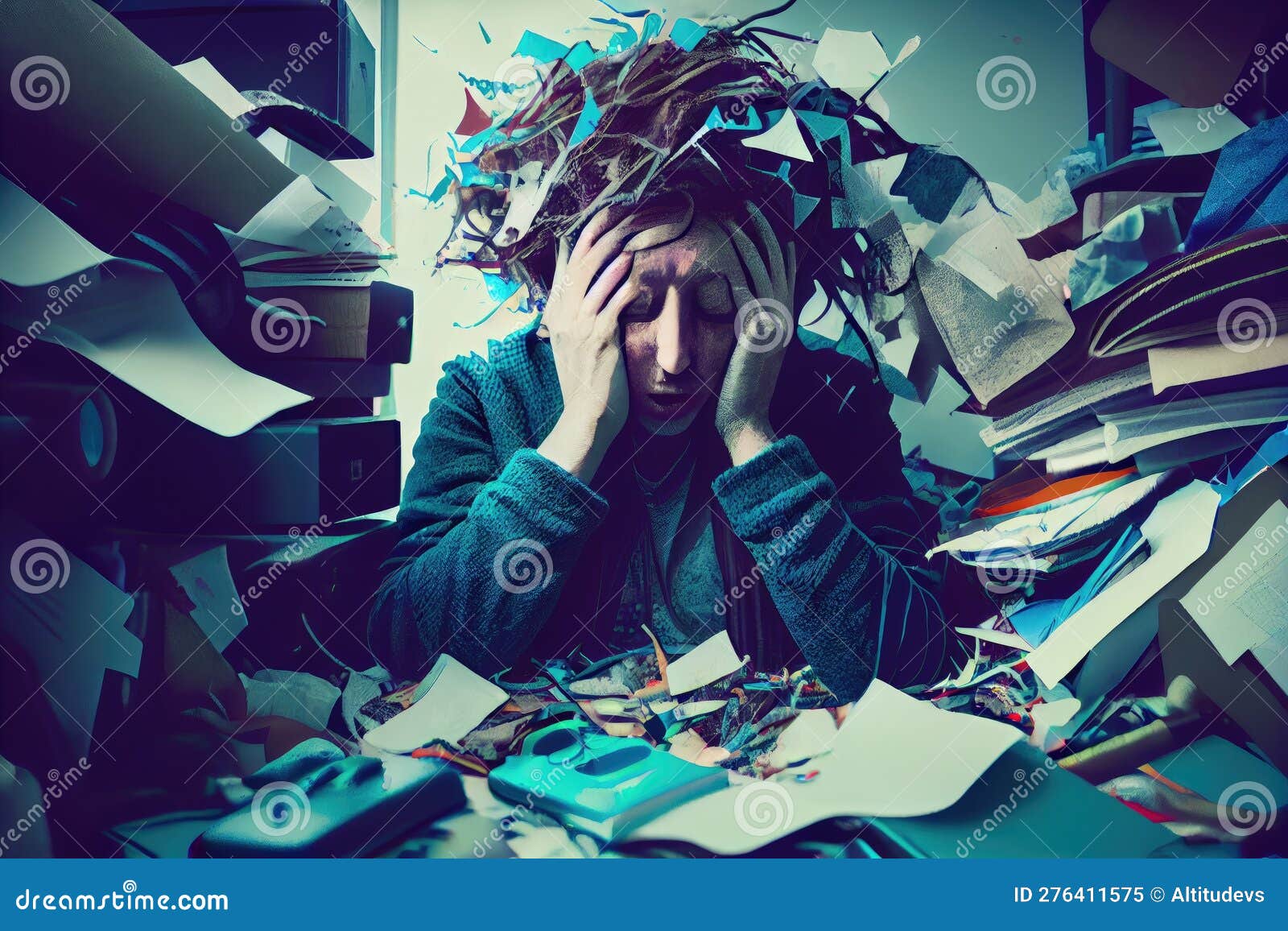 Person, with Their Head in Hands, Surrounded by Messy and Chaotic ... Person, with Their Head in Hands, Surrounded by Messy and Chaotic ...
