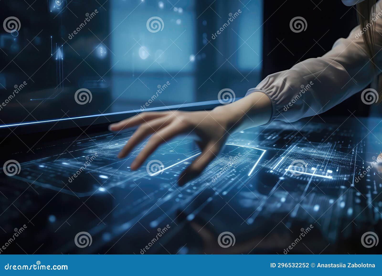Person Touching Data Flowing on Virtual Screen. Generative AI Stock ...