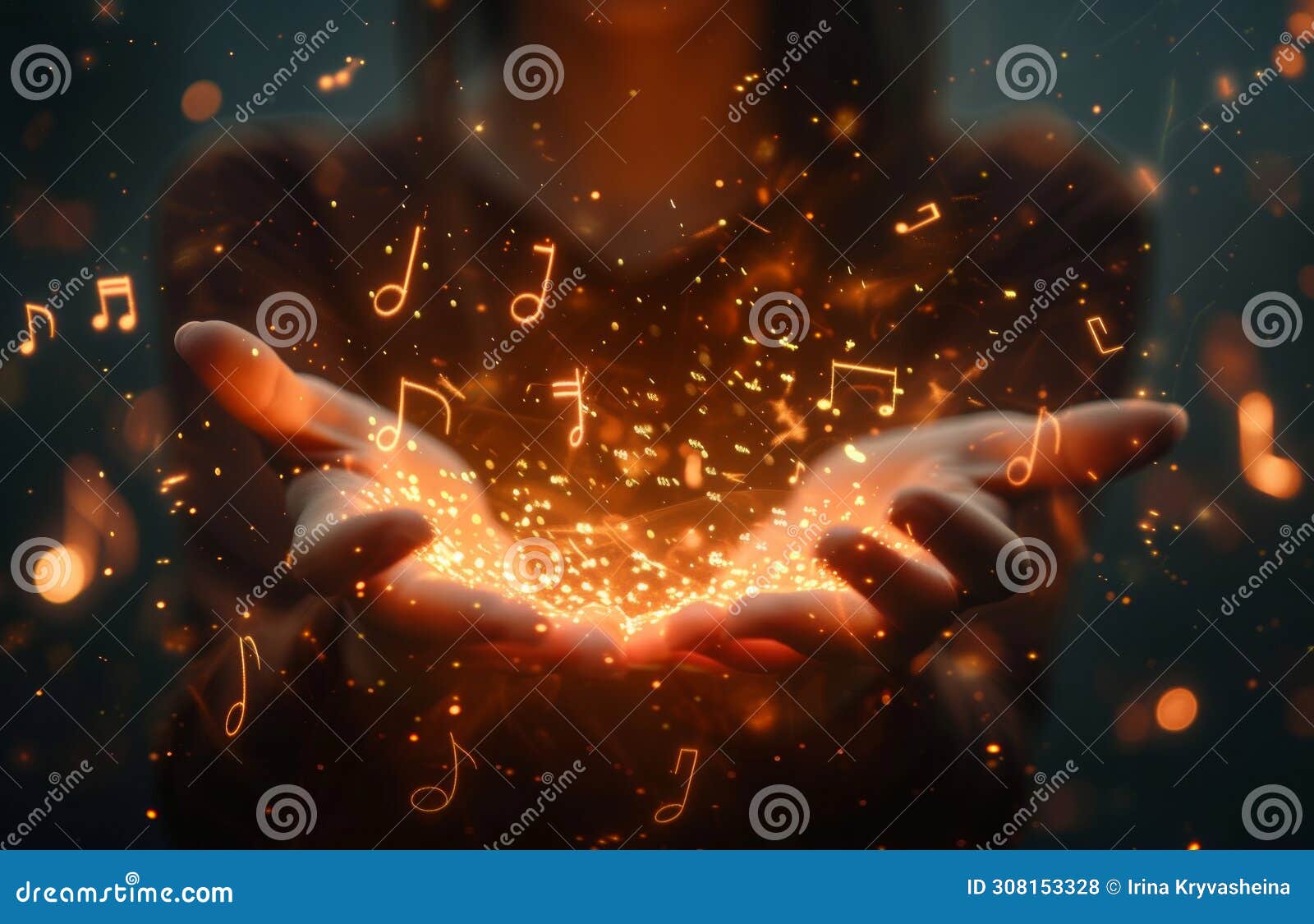 Person Touching Her Hands, Glowing Musical Notes Stock Photo - Image of ...