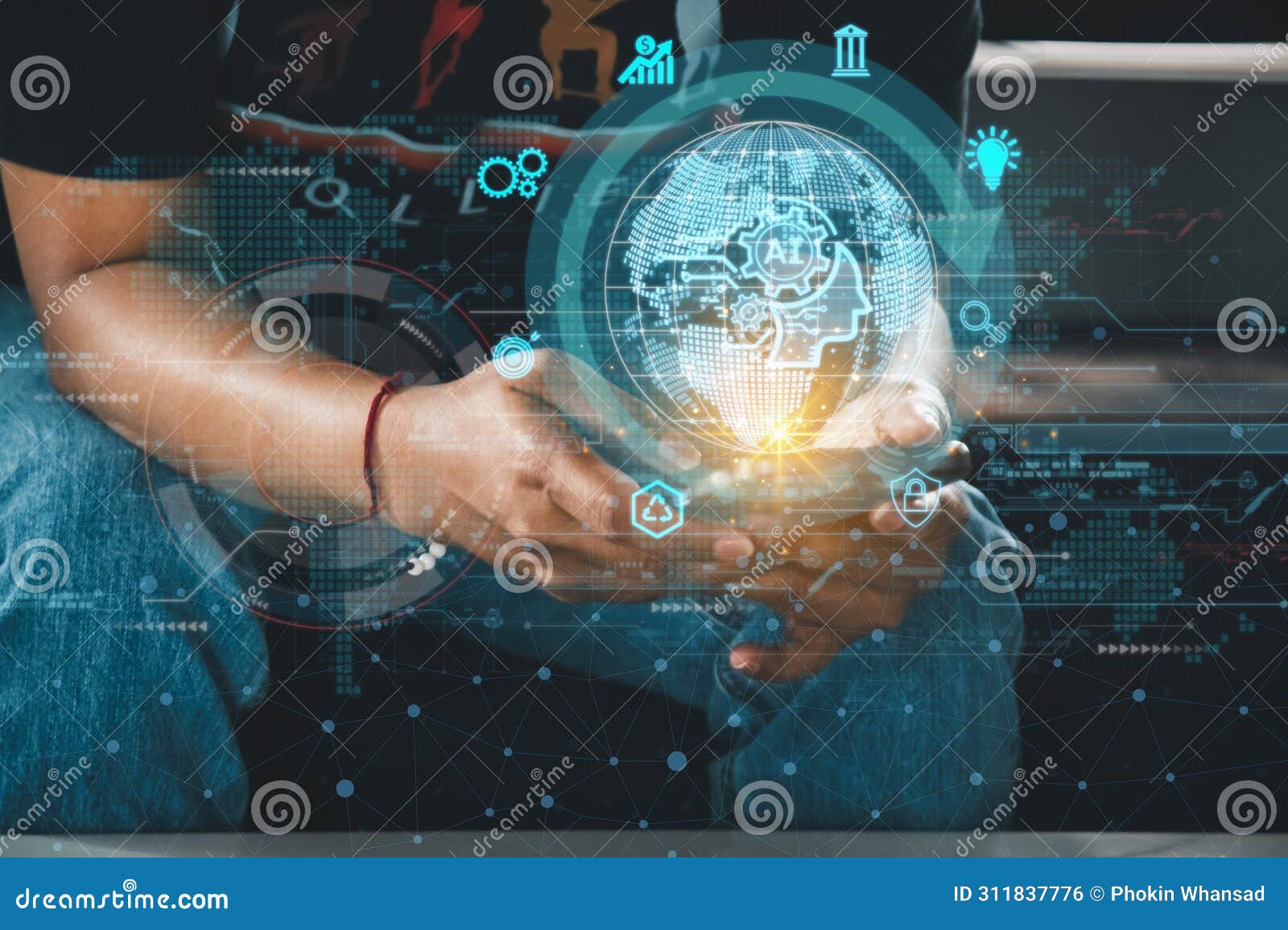 Person is Touching a Screen with a Lot of Icons. Concept of Technology ...