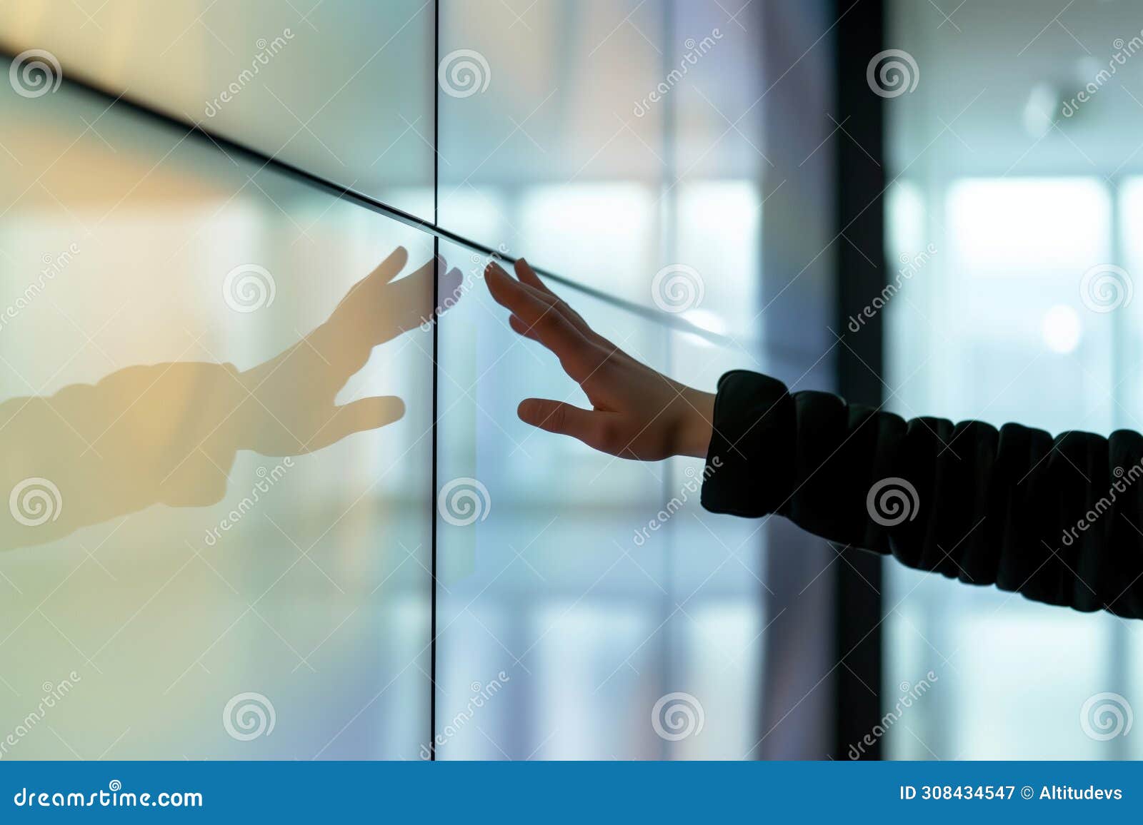 Person Touching a Seamless, Interactive Touchscreen Wall Panel Stock ...