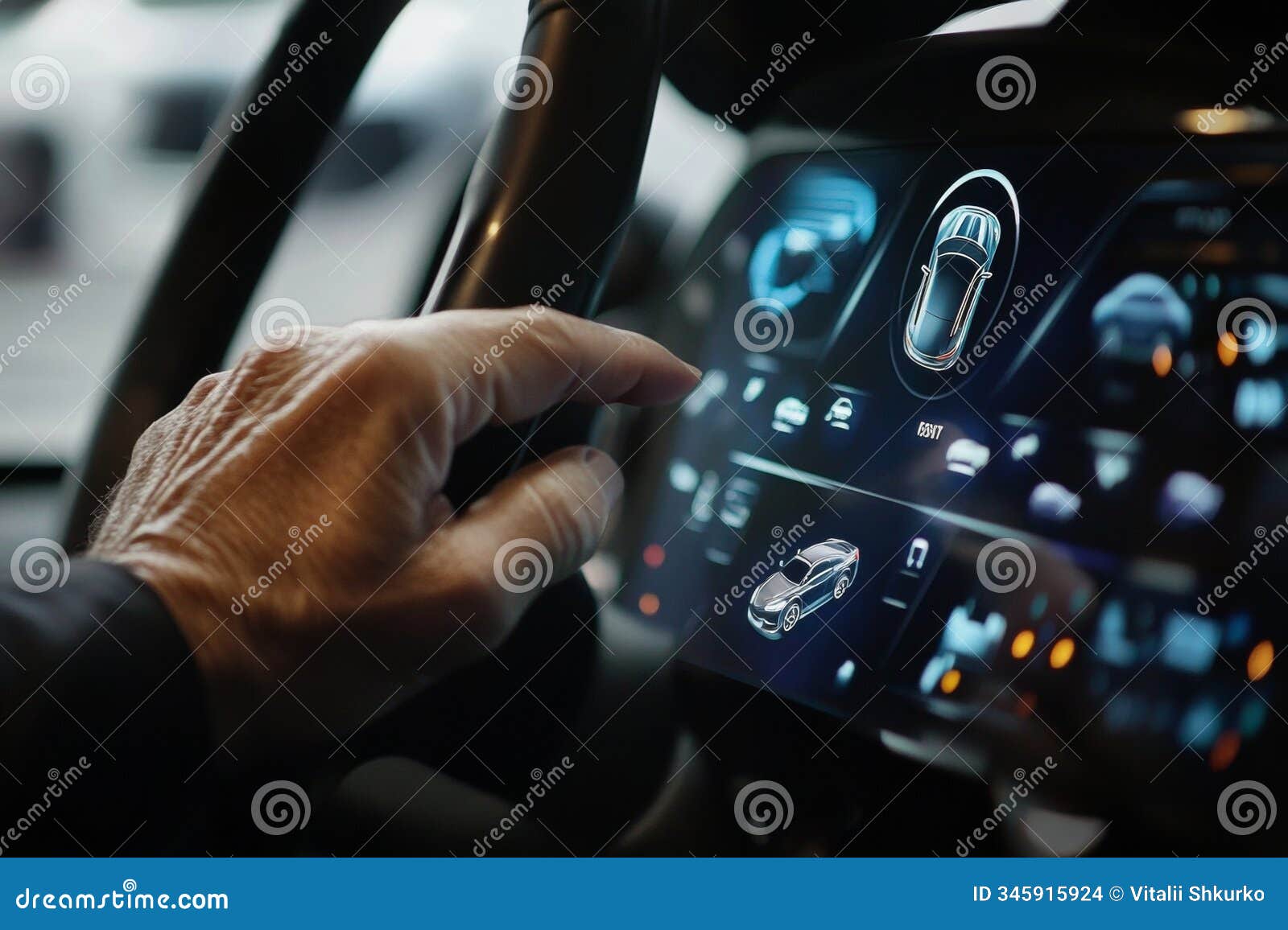 A Person is Touching the Touchscreen Interface of a High-tech Car ...