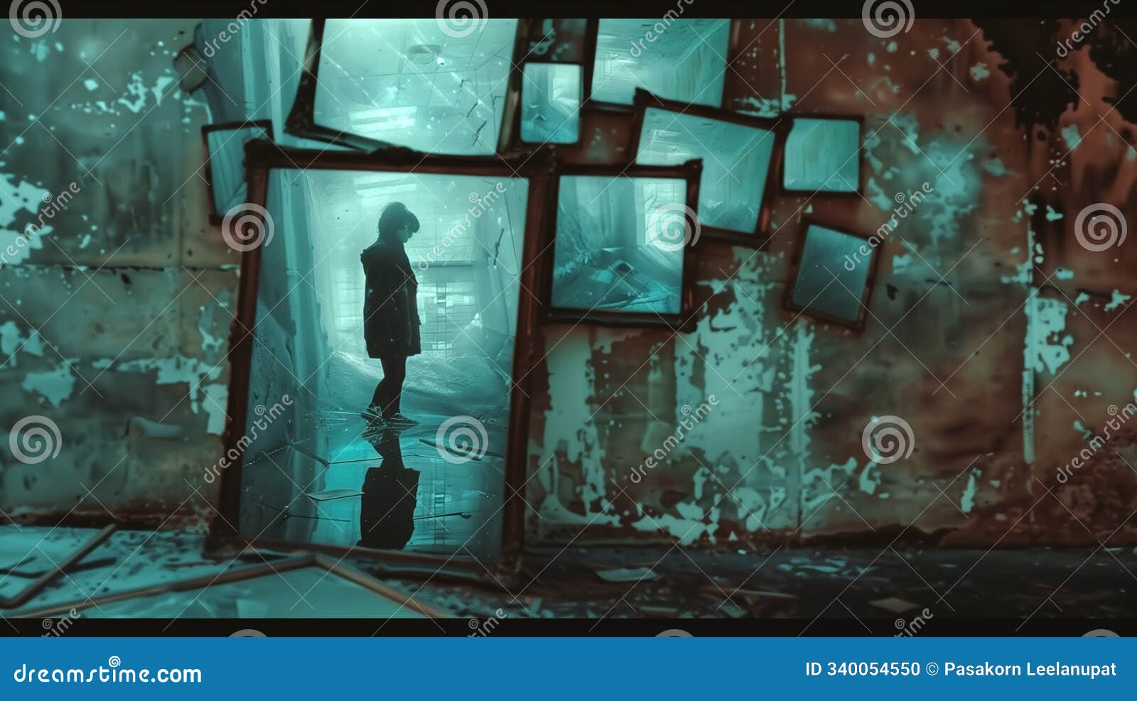 A Person Trapped in a Room Full of Distorted Mirrors, Each Refle Stock ...