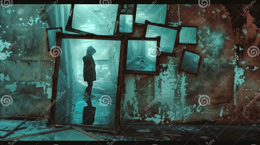 A Person Trapped in a Room Full of Distorted Mirrors, Each Refle Stock ...