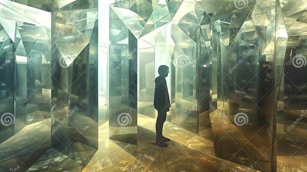 A Person Trapped in a Room Full of Distorted Mirrors, Each Refle Stock ...