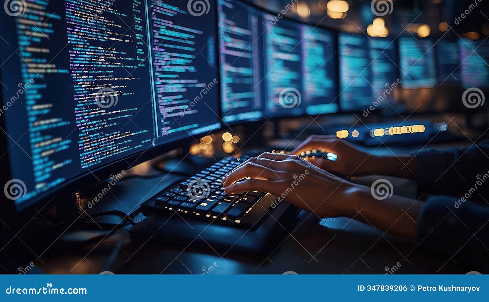 Person Types on Computer Keyboard. Multiple Computer Screens Show Code. Programmer Works Late at ...