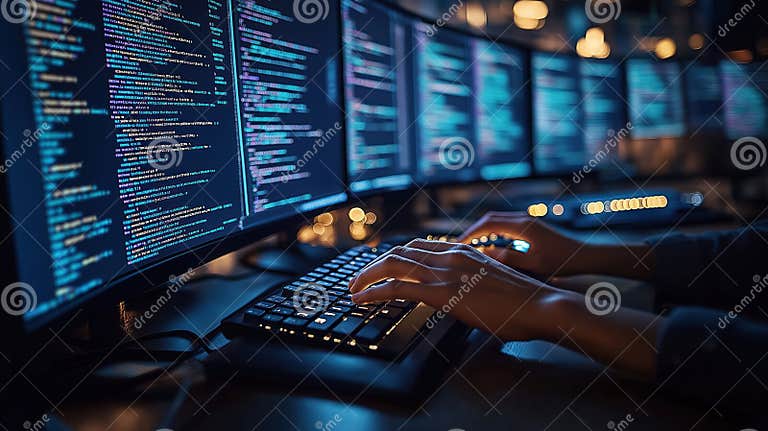 Person Types on Computer Keyboard. Multiple Computer Screens Show Code. Programmer Works Late at ...