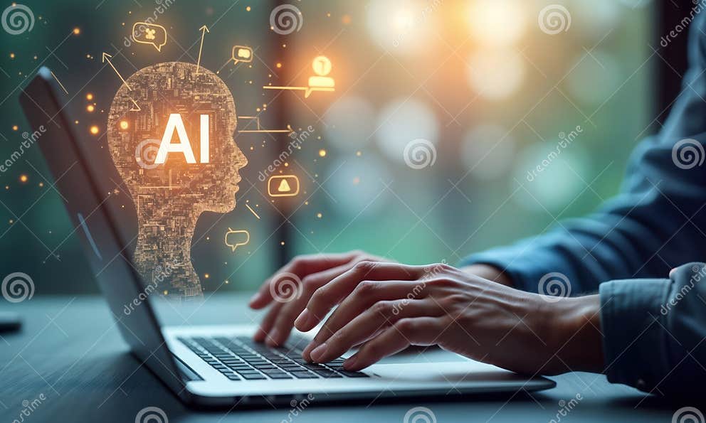 Person Types on Laptop Interacting with AI Virtual Assistant. AI ...