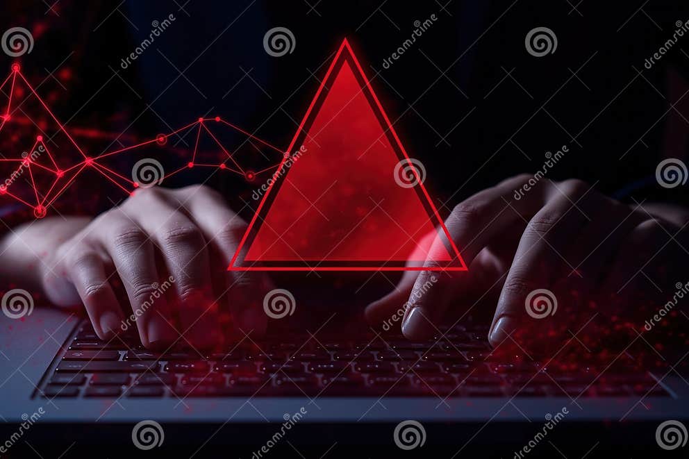 Person Types on Laptop Keyboard. Red Warning Triangle Displays on ...