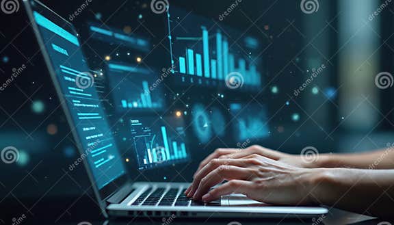 Person Types on Laptop with Virtual Data Graphs, Task Lists. Modern Tech User Interface Design ...