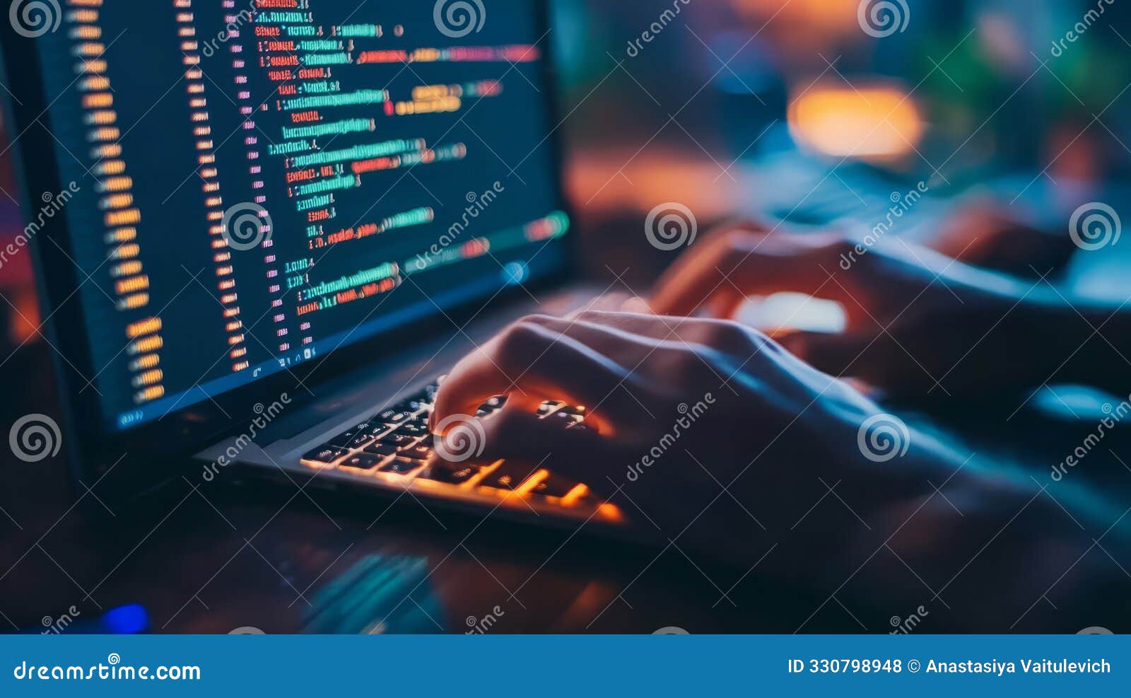 Person Typing Code on a Laptop with Colorful Programming Lines Visible ...