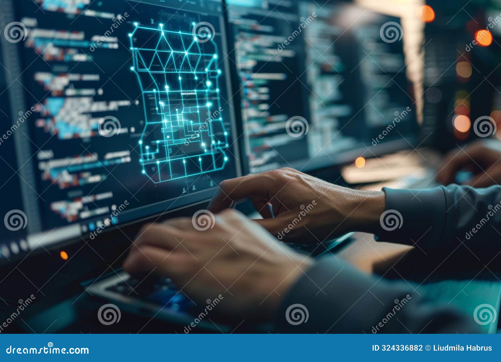 A Person is Typing on a Computer with a Blue Screen Stock Photo - Image ...