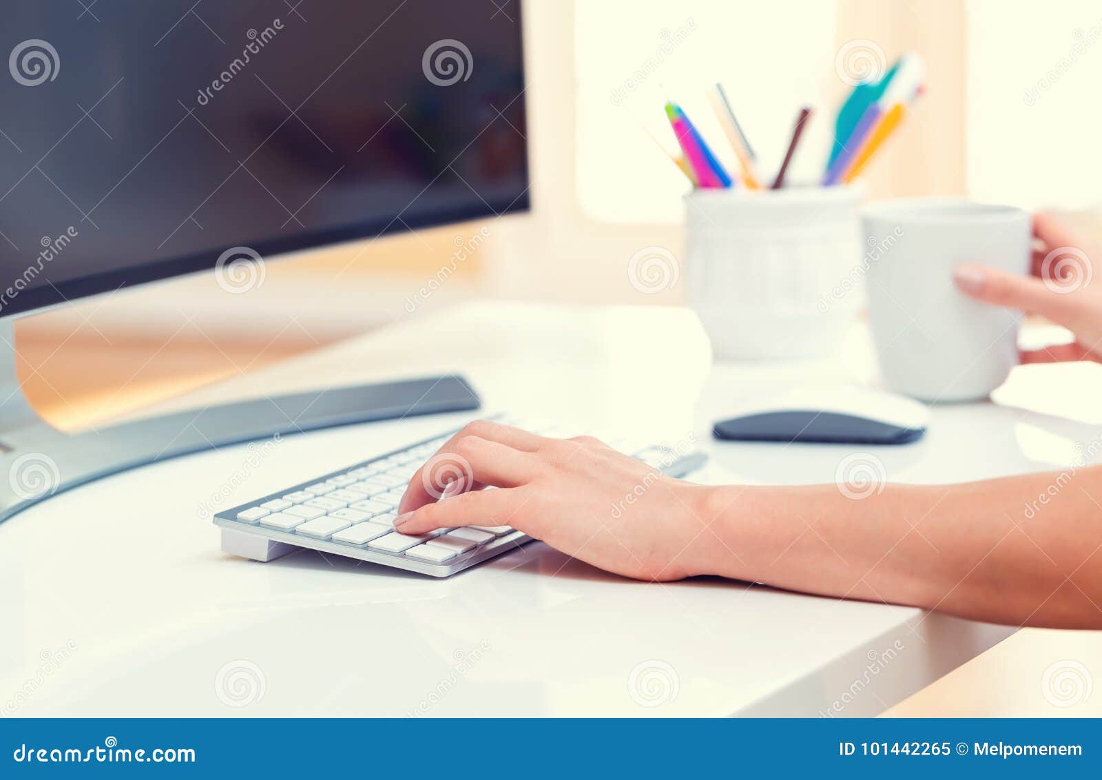Person Typing at on Her Office Computer Stock Image - Image of computer ...