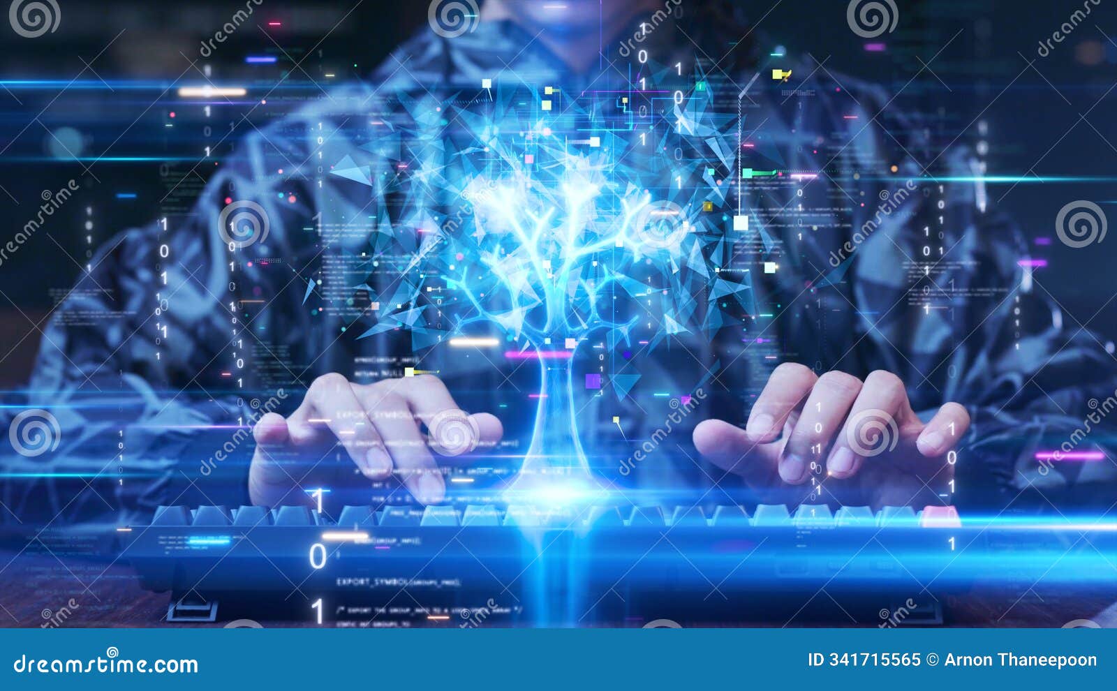 A Person Typing on a Keyboard with a Glowing Digital Tree Emerging from ...