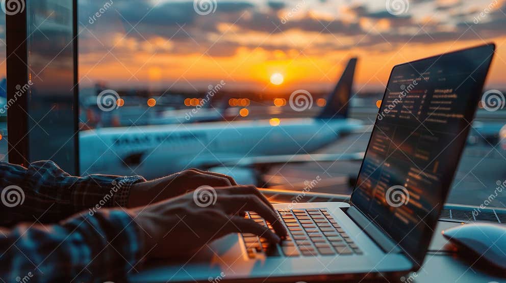 A Person is Typing on a Laptop Computer in Front of an Airplane Stock ...