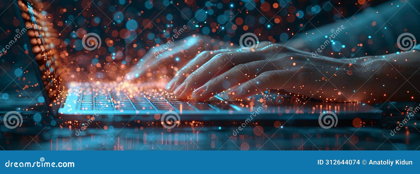 A Person Typing on an Laptop with Digital Connections and Data Flowing ...