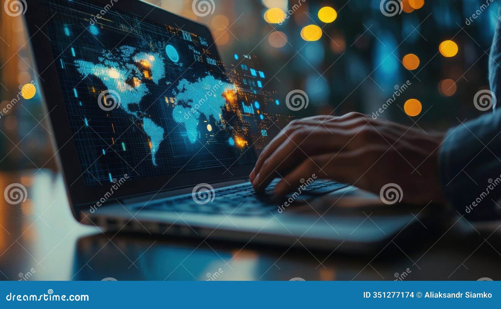 A Person Typing on a Laptop with a World Map on the Screen Stock ...