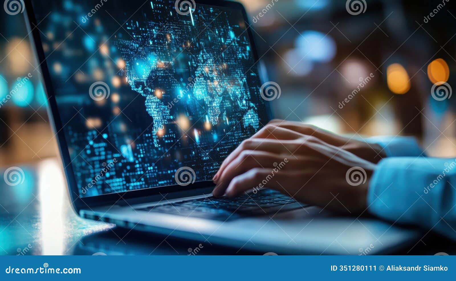 A Person Typing on a Laptop with a World Map on the Screen Stock ...