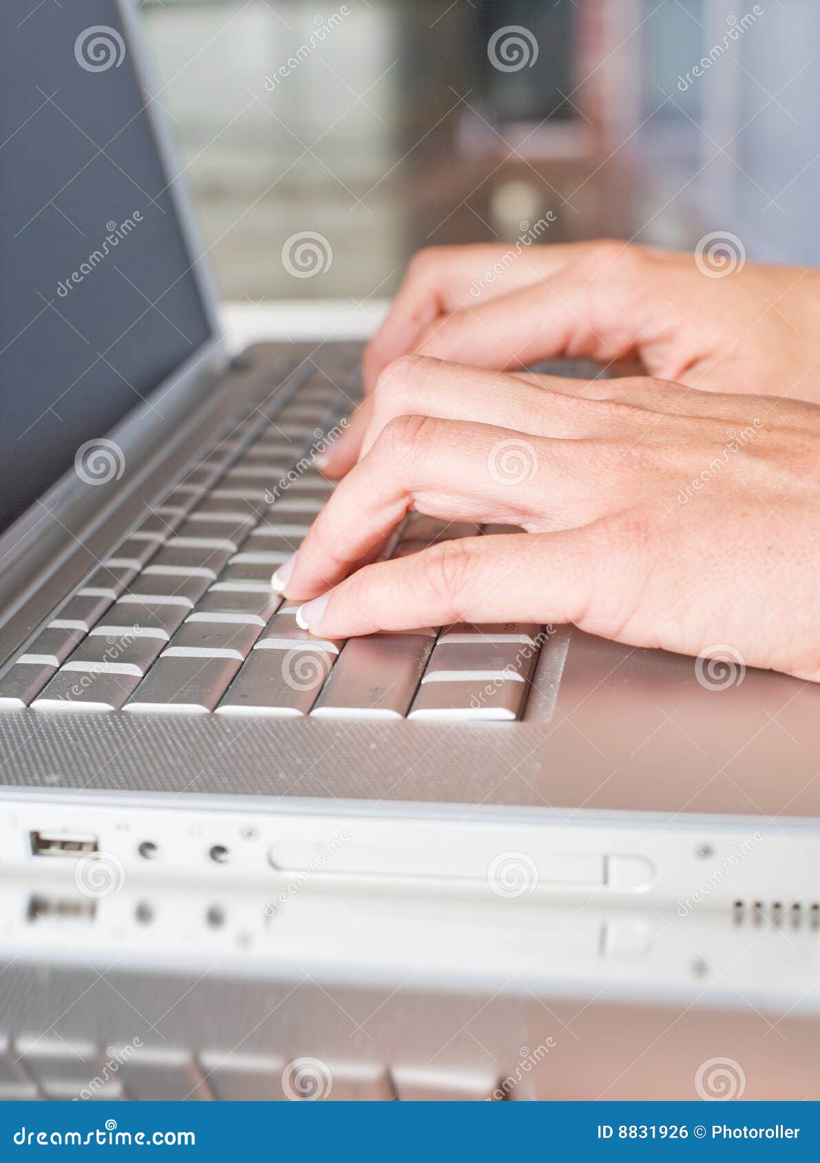 Person Typing On Laptop With Blank Screen Outdoors Royalty-Free Stock ...
