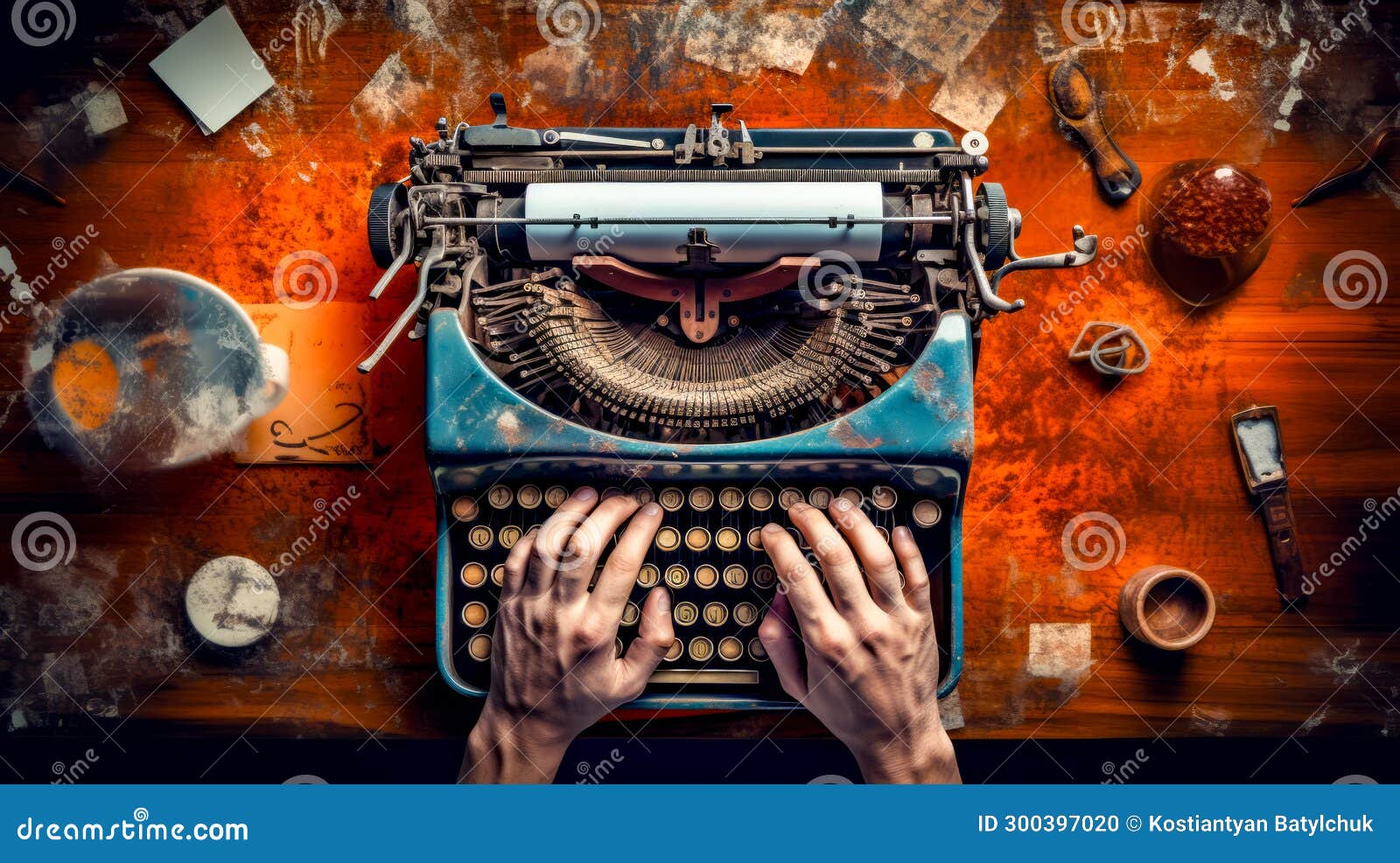 Person Typing on Old - Fashioned Blue Typewriter with Their Hands ...