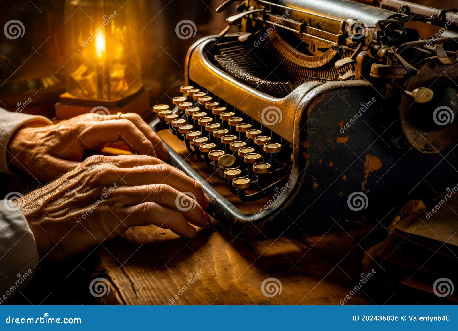 Person Typing on Old - Fashioned Typewriter in Dark Room. Generative AI ...
