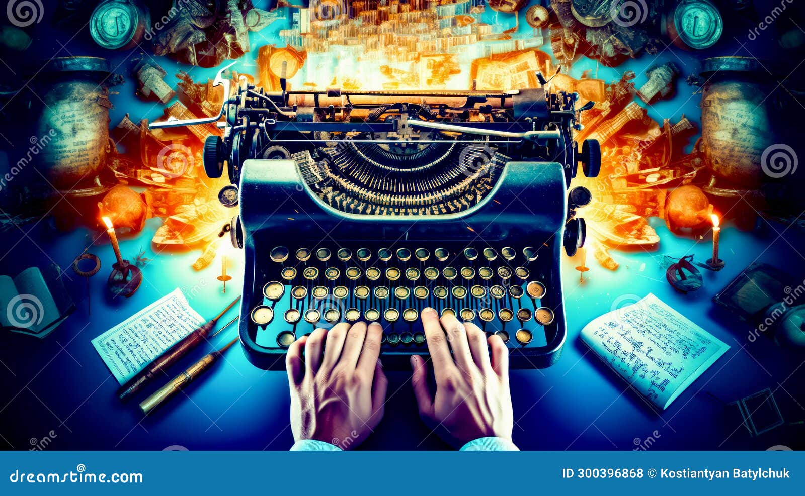 Person Typing on Old Fashioned Typewriter in Front of Painting ...