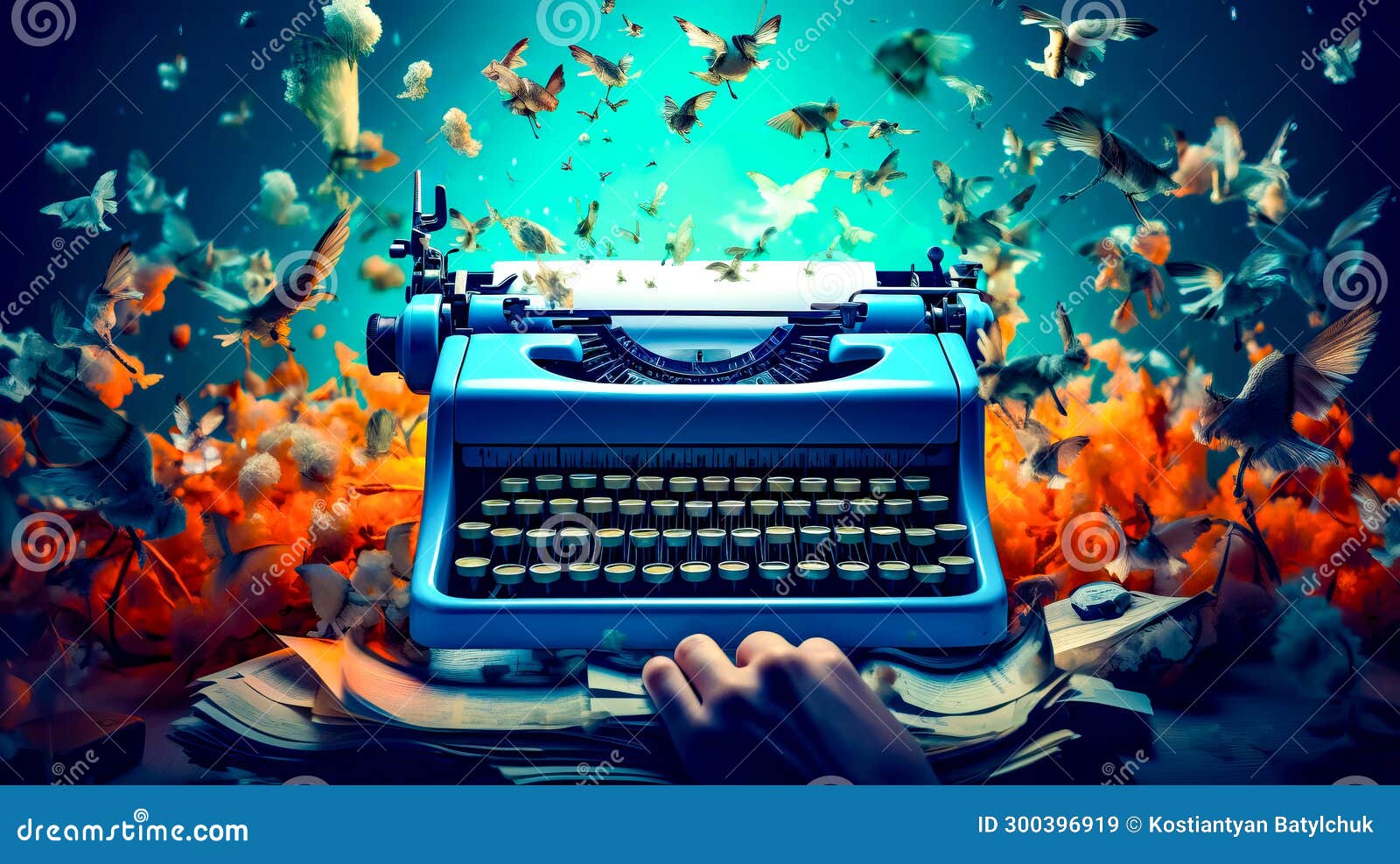 Person Typing on Old Fashioned Typewriter Surrounded by Seagulls ...