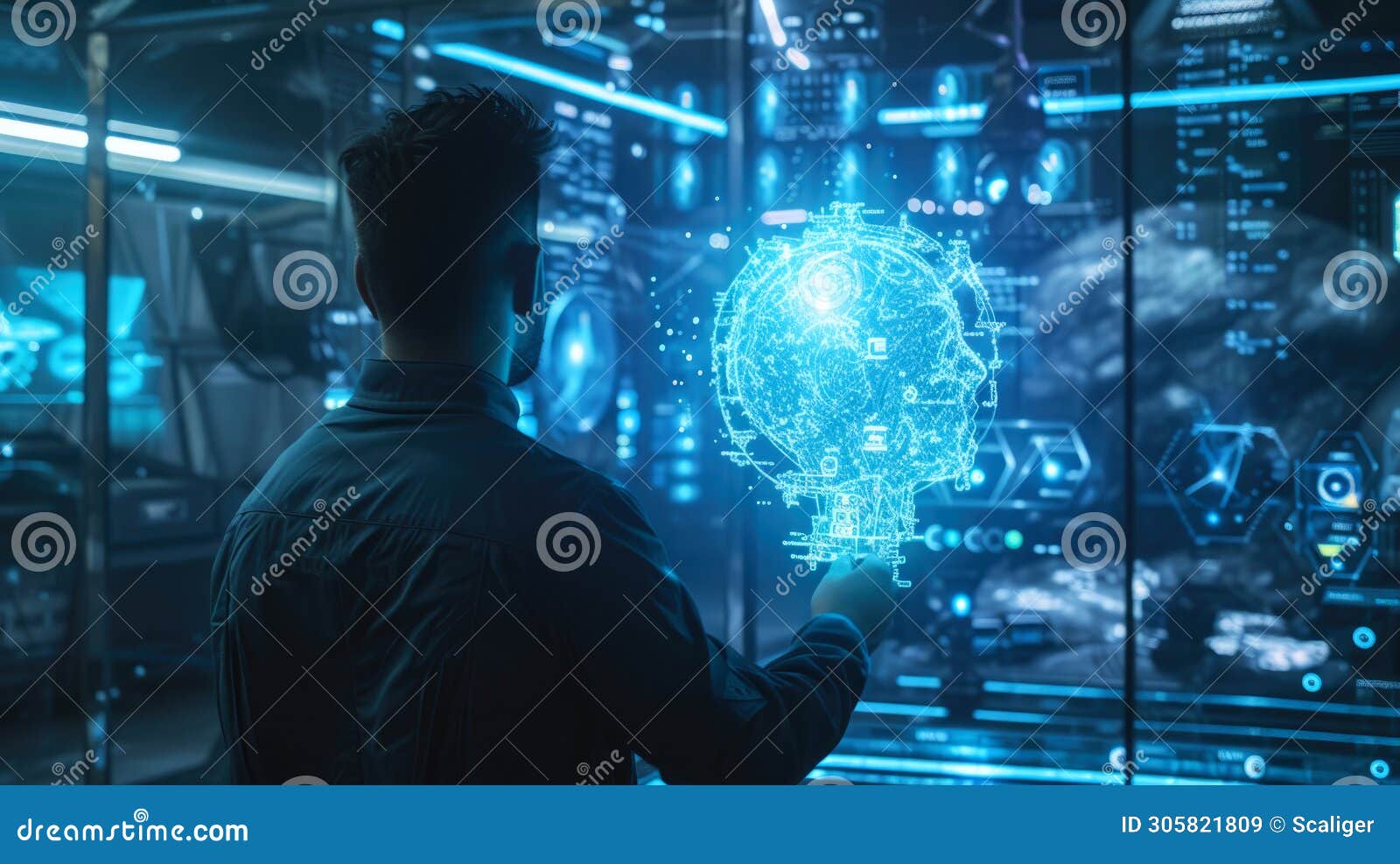 Person Uses Artificial Intelligence Control Panel in Dark Room ...