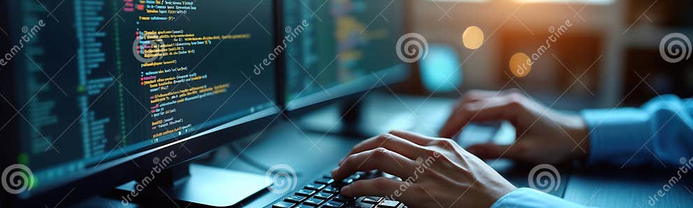 Person Uses Computer. Coding on Multiple Screens. Hands Typing on ...