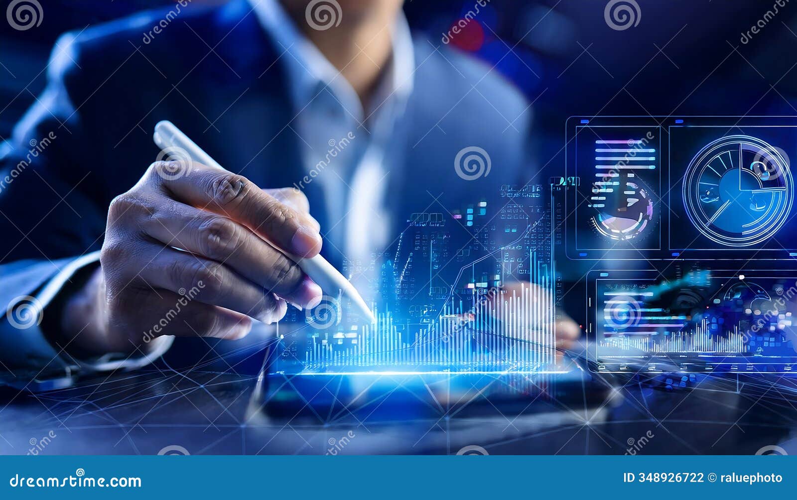 Person Uses Digital Pen and Devices with Holographic Data Dashboards ...