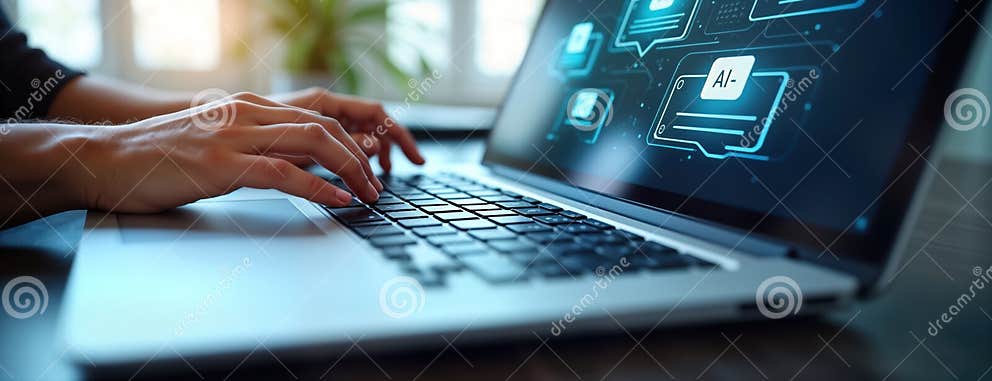 Person Uses Laptop with AI Virtual Assistant. Person Interacts with AI ...