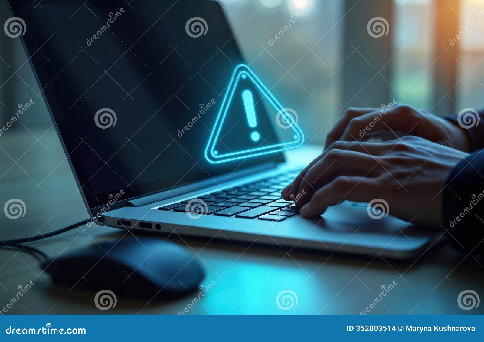 Person Uses Laptop Computer. Warning Symbol Appears on Screen. Concept ...