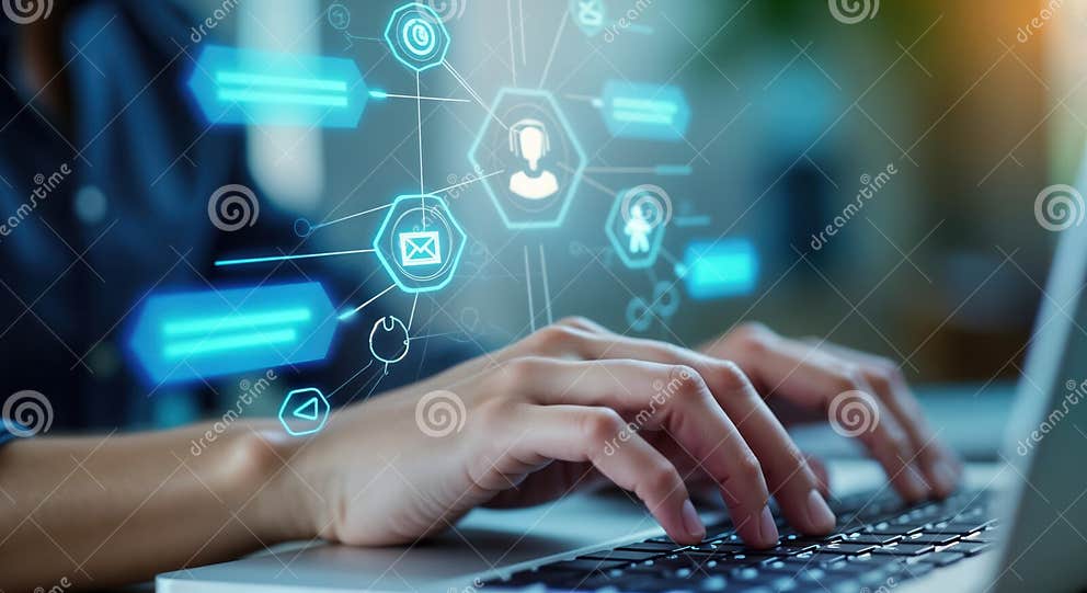 Person Uses Laptop for Customer Support. Person Types on Laptop ...