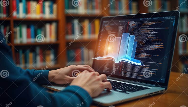 Person Uses Laptop in Library. Virtual Ebook Displayed on Laptop Screen. Person Studying ...