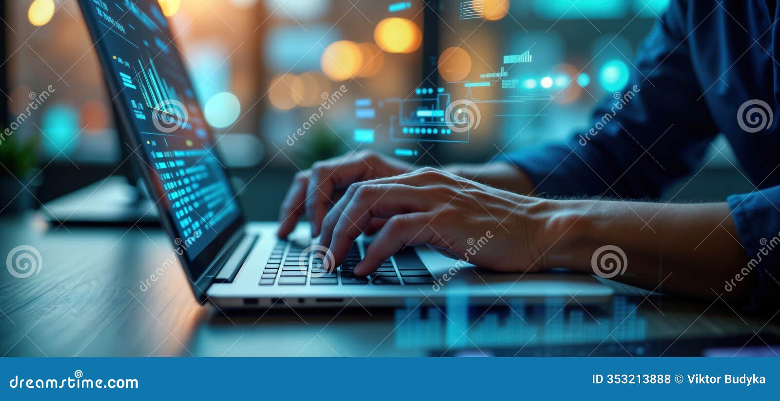 Person Uses Laptop with Modern Data Visualization Tools. HUD Elements ...