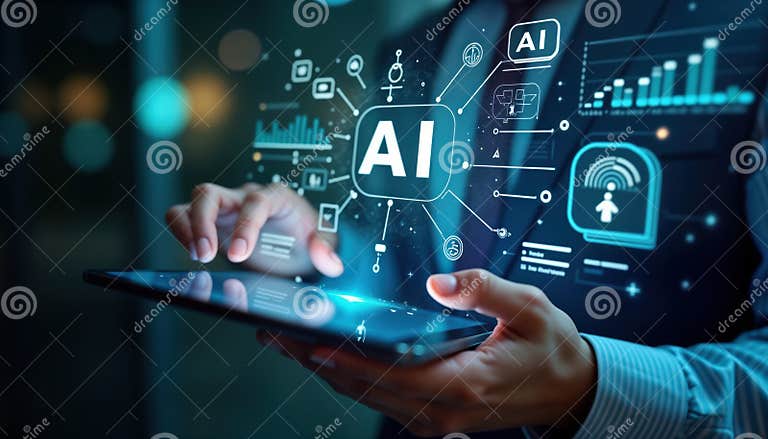 Person Uses Tablet with AI Interface. Interactive Digital Assistant ...