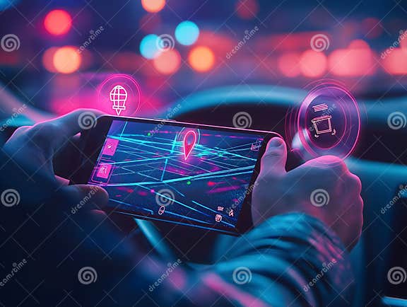 Person Using an Augmented Reality Navigation App in a Car at Night ...