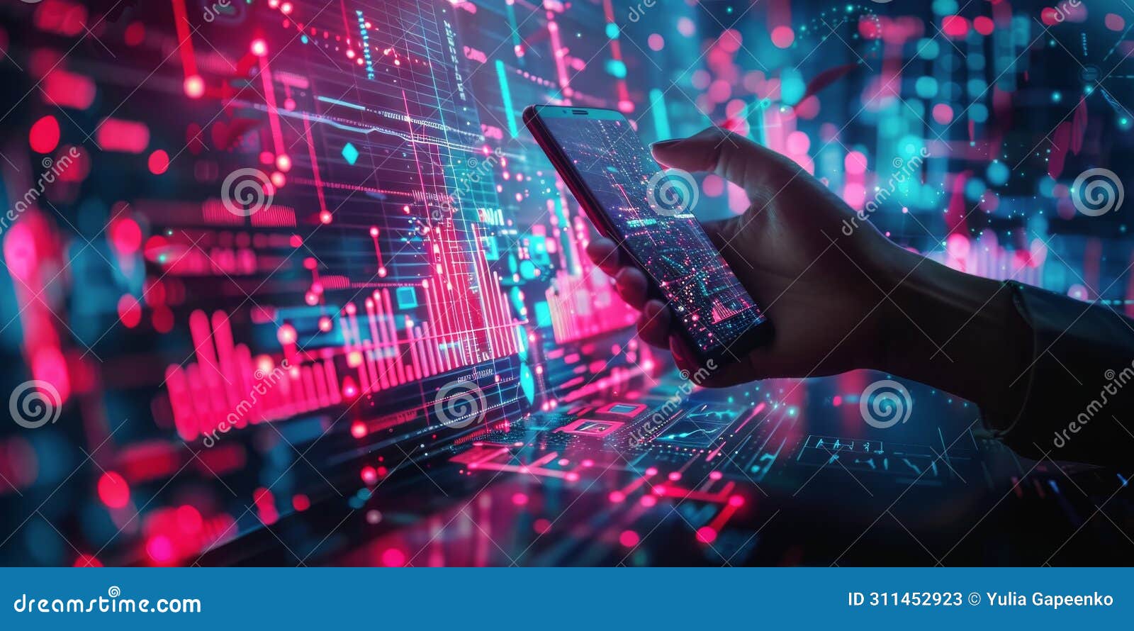 Person Using Cell Phone in Front of Computer Screen Stock Image - Image ...