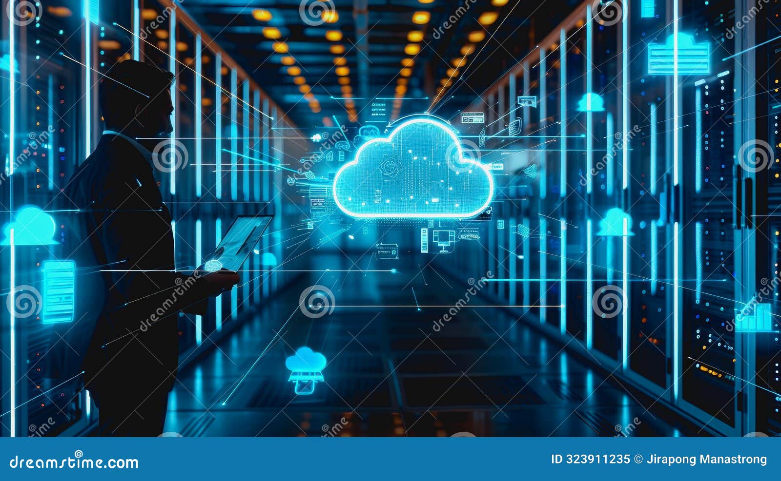 Person Using Digital Cloud Interface with Tech Icons in Data Center ...