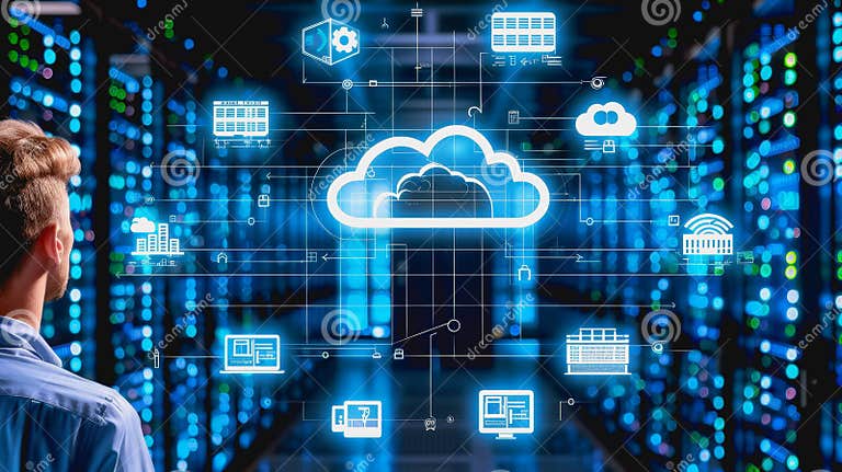 Person Using Digital Cloud Interface with Tech Icons in Data Center ...