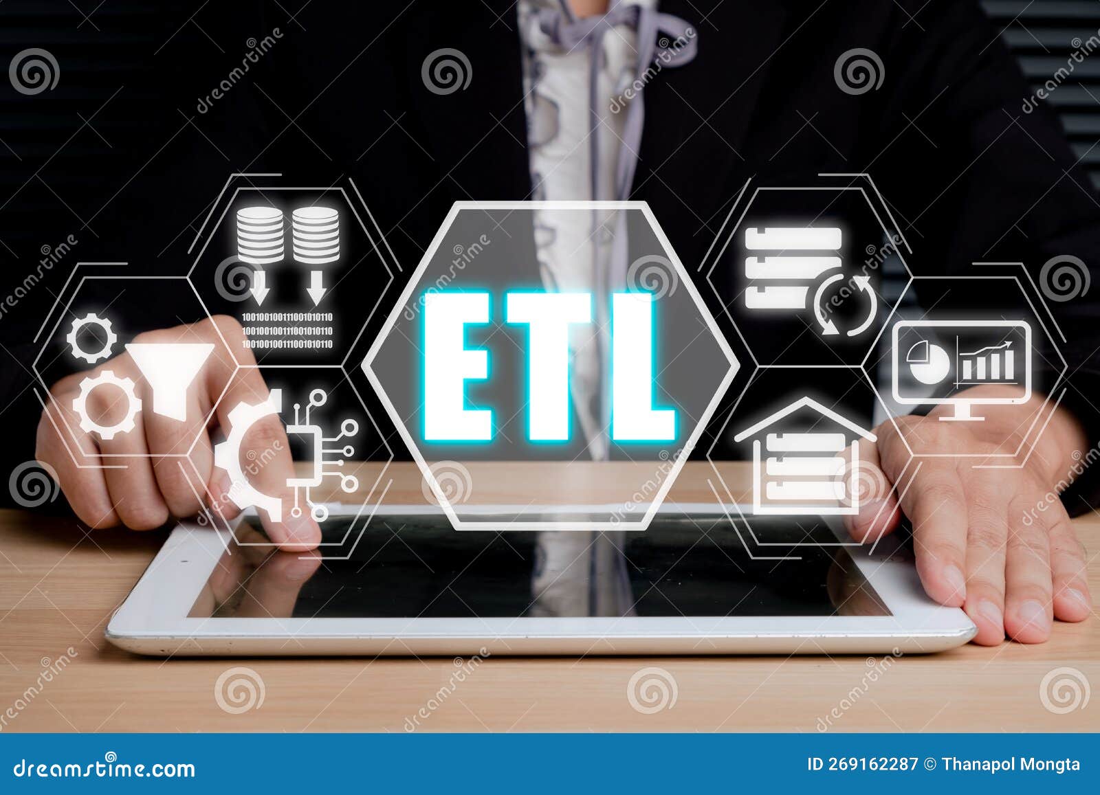 Person Using Digital Tablet with Extract Transform Load Icon on Virtual ... Person Using Digital Tablet with Extract Transform Load Icon on Virtual ...