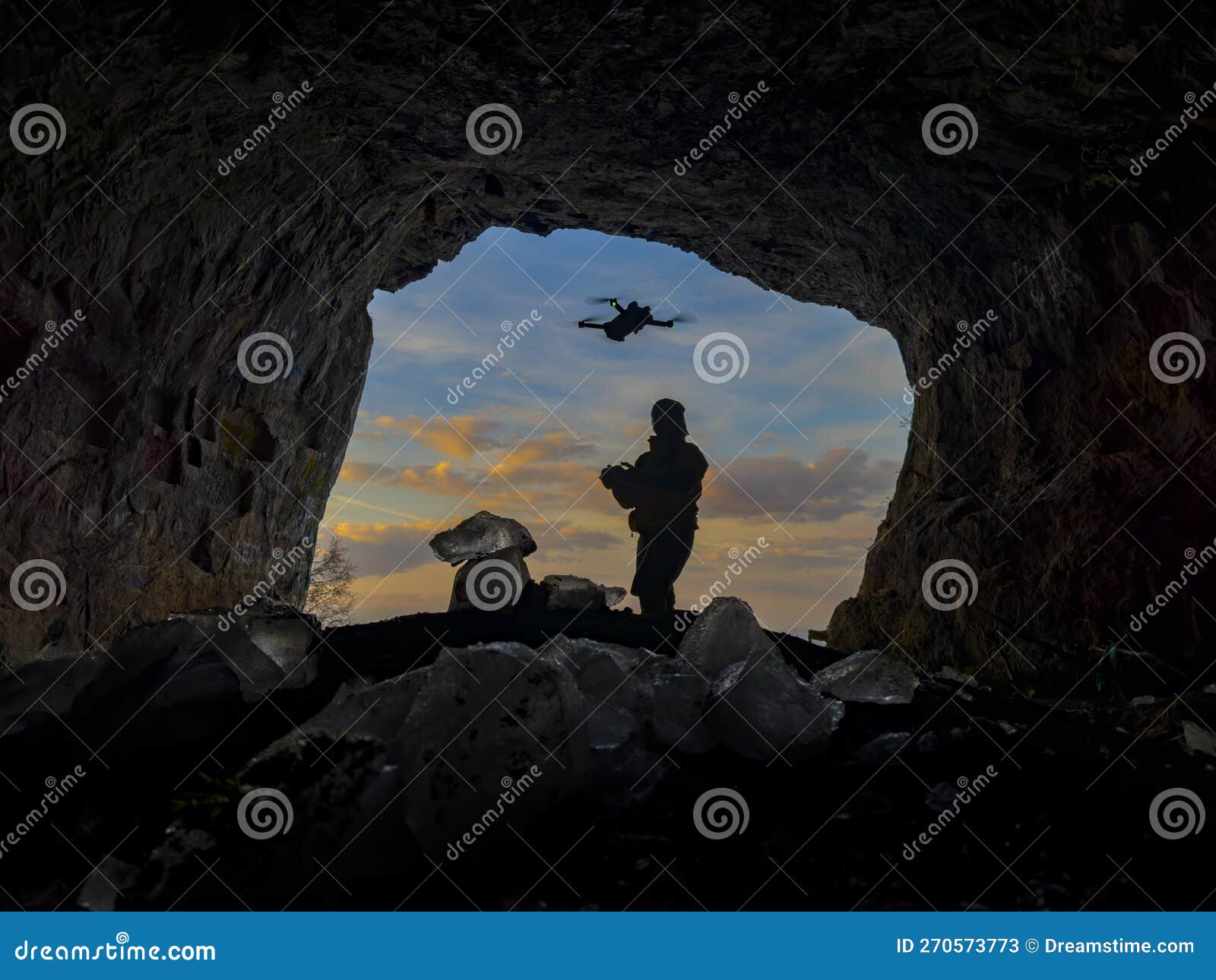 Person Using Drone in Mysterious Cave Stock Image - Image of drones ...