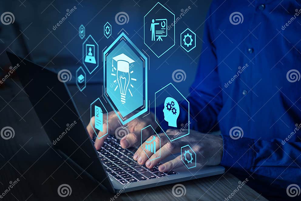 Person Using E-learning Technology on Laptop Computer, Webinar, Online ...