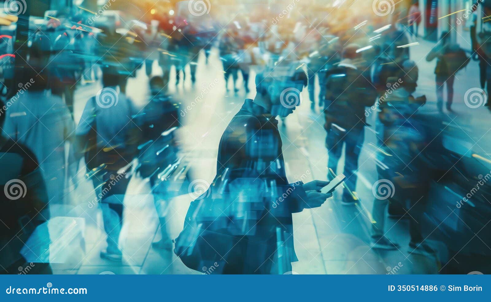 A Person Using a High-tech Gadget in a Crowded Environment, Stock ...