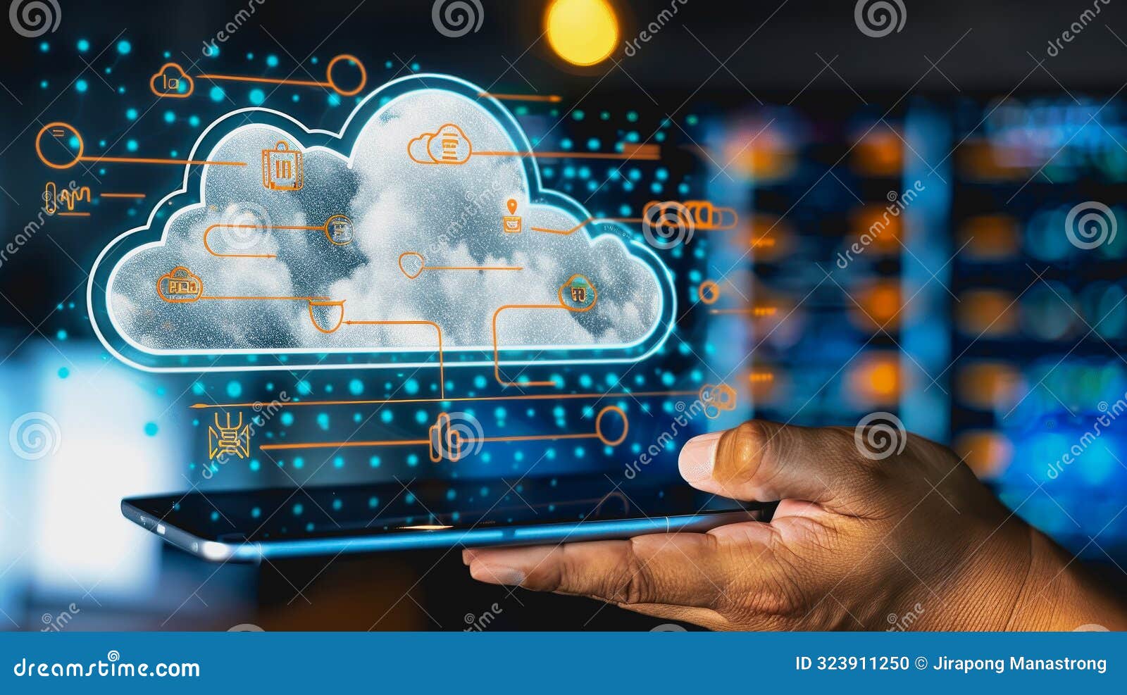 Person Using Holographic Cloud Interface in High-tech Data Center Stock ...