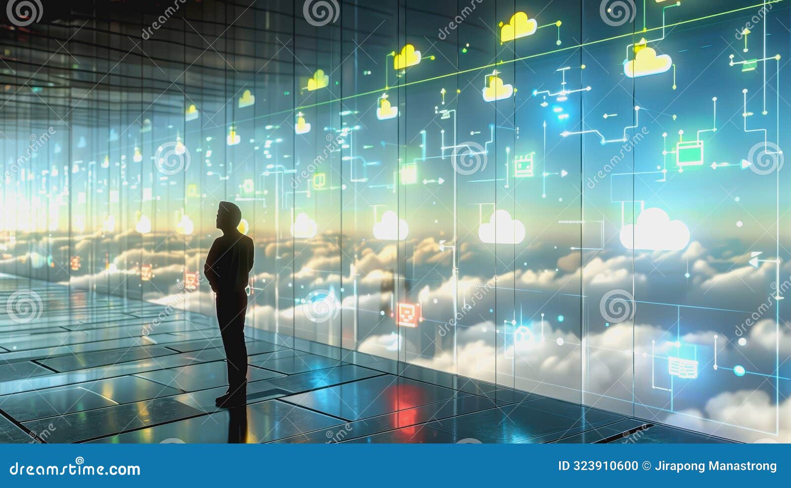 Person Using Holographic Cloud Interface in High-tech Data Center Stock ...