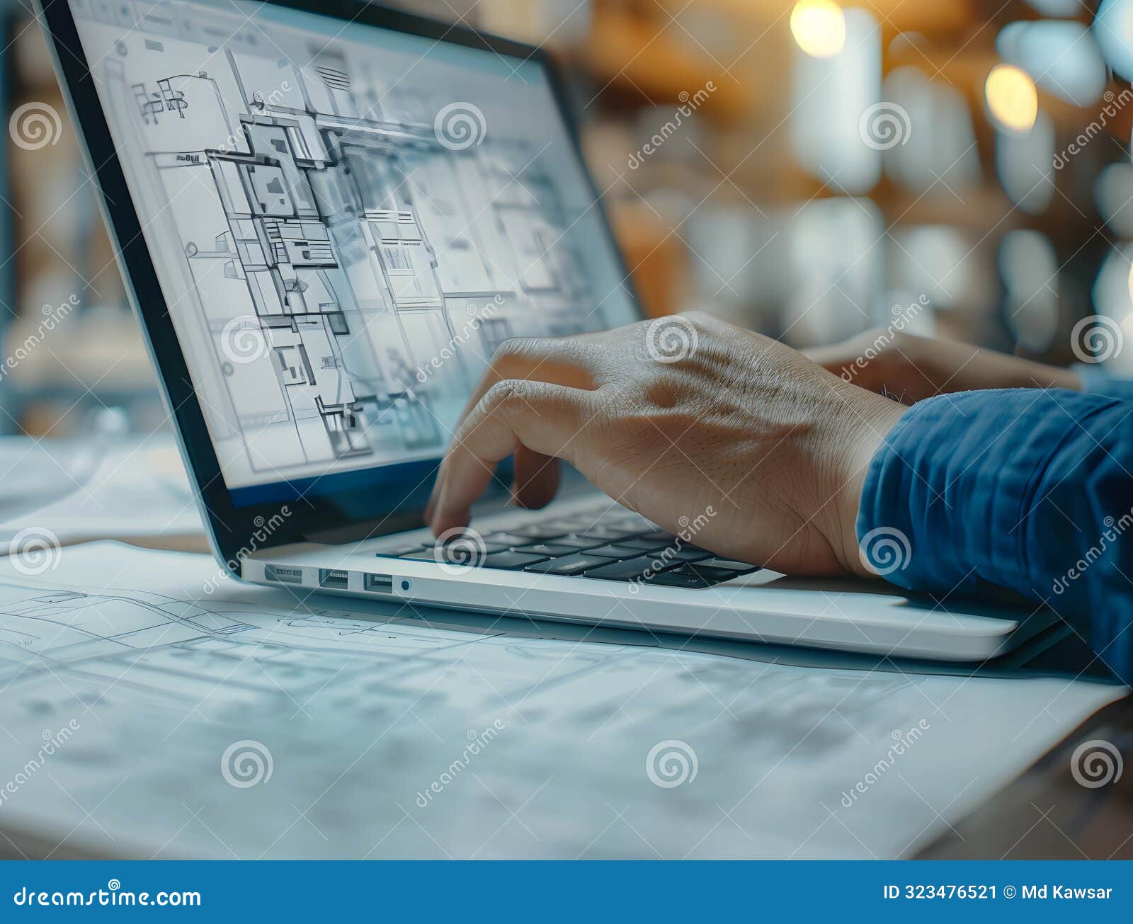 Person Using Laptop with Blueprints for Construction Planning Stock ...