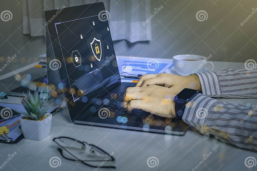 Person Using a Laptop Computer with Data Protection, Cyber Security ...